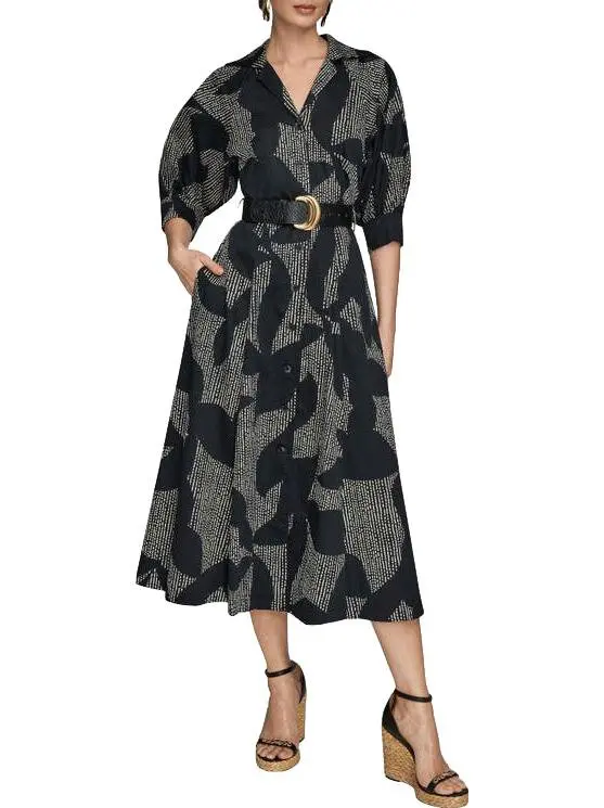 Donna Karan New York Abstract Print Belted Midi Shirtdress - Black/sand