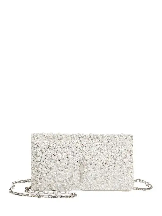 CHRISTIAN LOUBOUTIN Bettina Crystal & Faux Pearl Embellished Suede Clutch - Silver