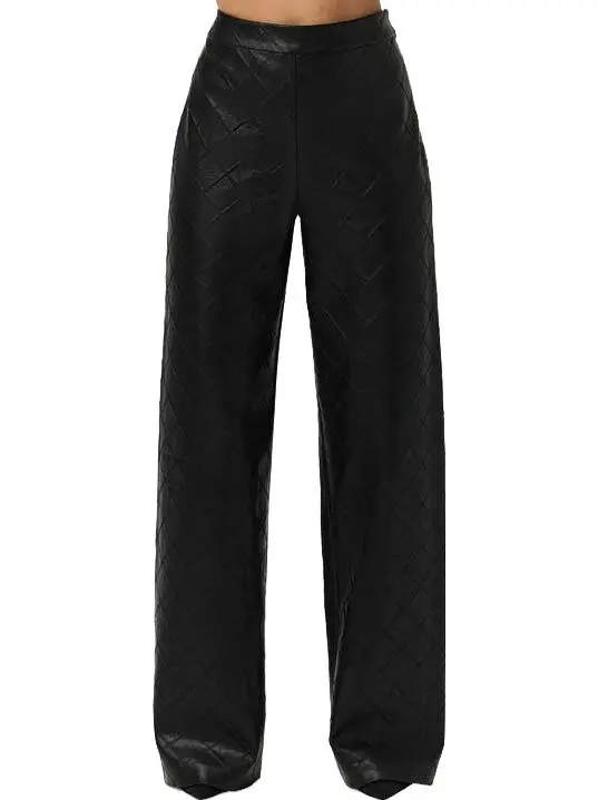 Naked Wardrobe Diamond Stitched Faux Leather Wide Leg Pants - Black