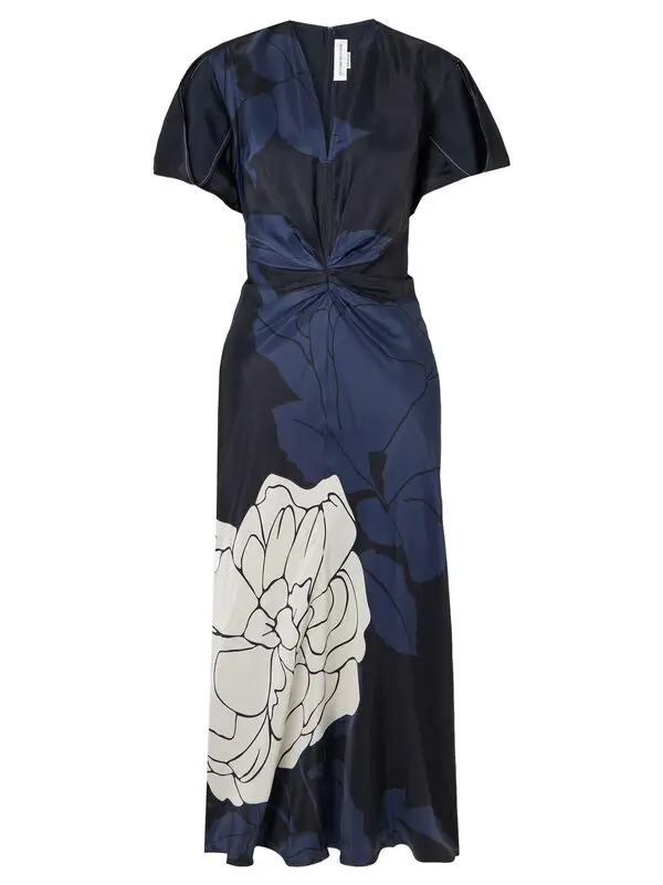 Victoria Beckham Eve Layered Gathered Floral-print Satin Midi Dress - Navy