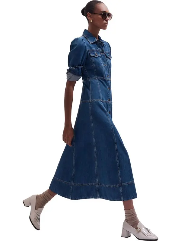 ME+EM Panelled Fit And Flare Midi Dress - Authentic Mid Blue Wash