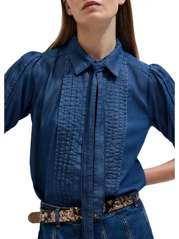 ME+EM Chambray Pintucked Blouse With Tie Detail - Chambray Blue