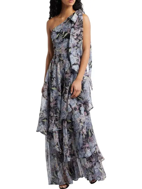 Lulus Amara Floral One-shoulder Gown - Grey Multi