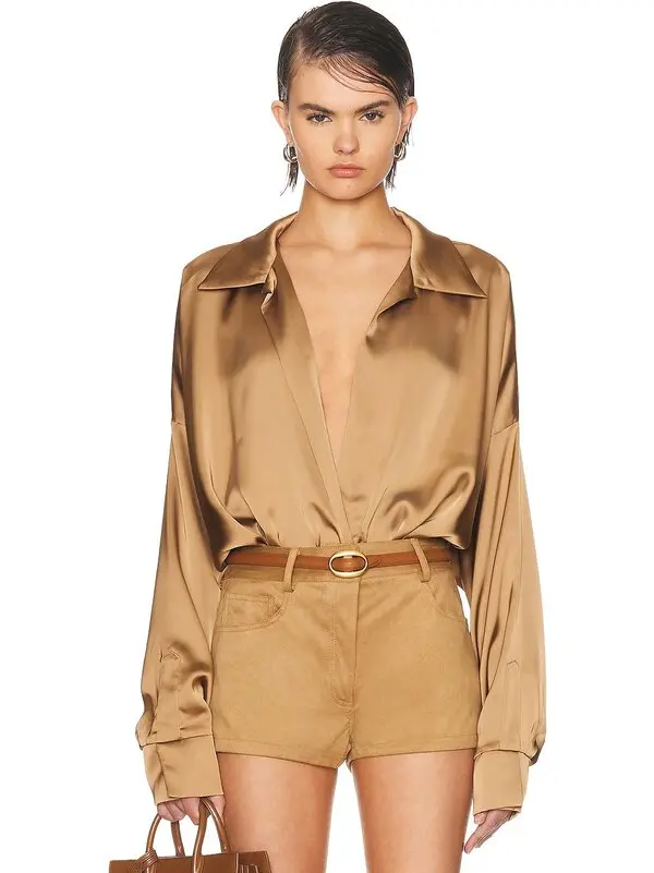 Norma Kamali Super Oversized Boyfriend Bodysuit - Camel