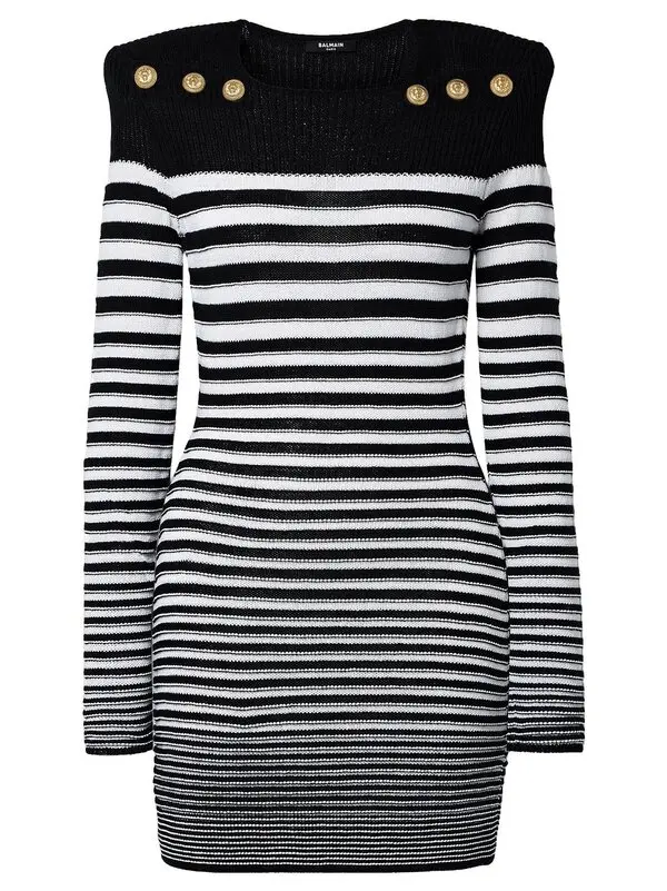 Balmain Button-embellished Striped Ribbed Mini Dress - Black
