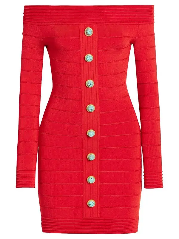 Balmain Off-the-shoulder Stretch-knit Mini Dress - Red