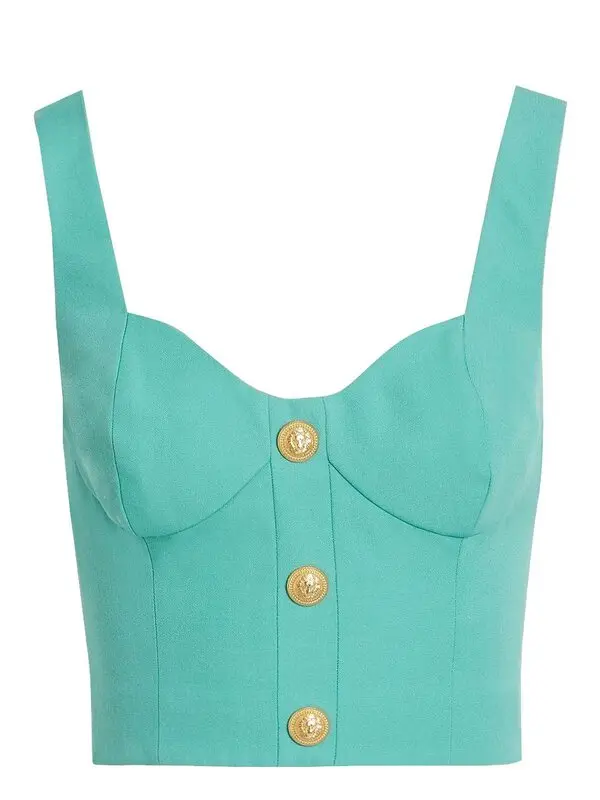 Balmain Cropped Grain De Poudre Wool Bustier Top - Jade