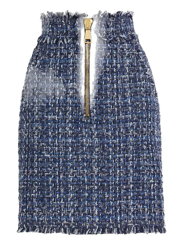 Balmain Frayed Metallic Bouclé-tweed Mini Skirt - Navy