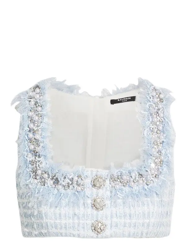 Balmain Cropped Embellished Tweed Top - Light Blue