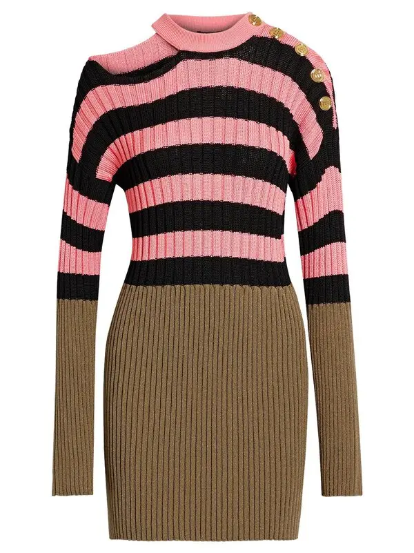 Balmain Striped Cutout Ribbed-knit Mini Dress - Pink