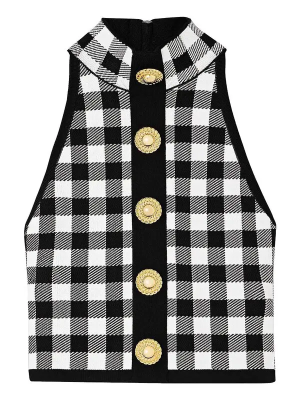 Balmain Cropped Button-embellished Gingham Knitted Top - Black