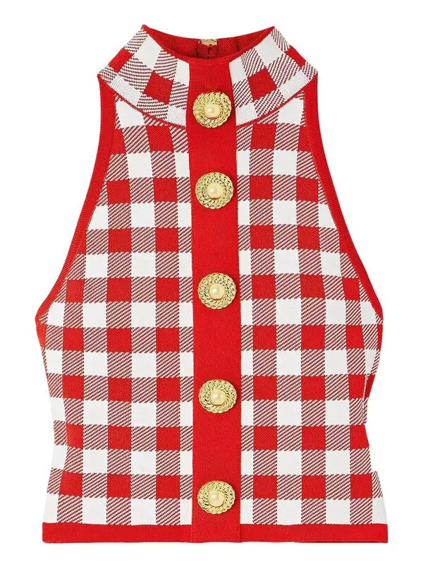 Balmain Cropped Button-embellished Gingham Knitted Top - Red