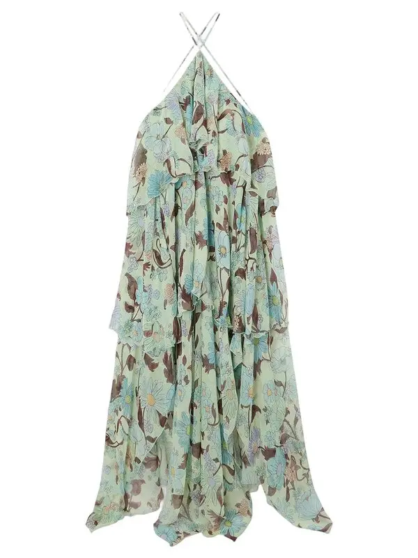 Stella McCartney Ruffled Floral-print Silk-chiffon Halterneck Maxi Dress - Mint