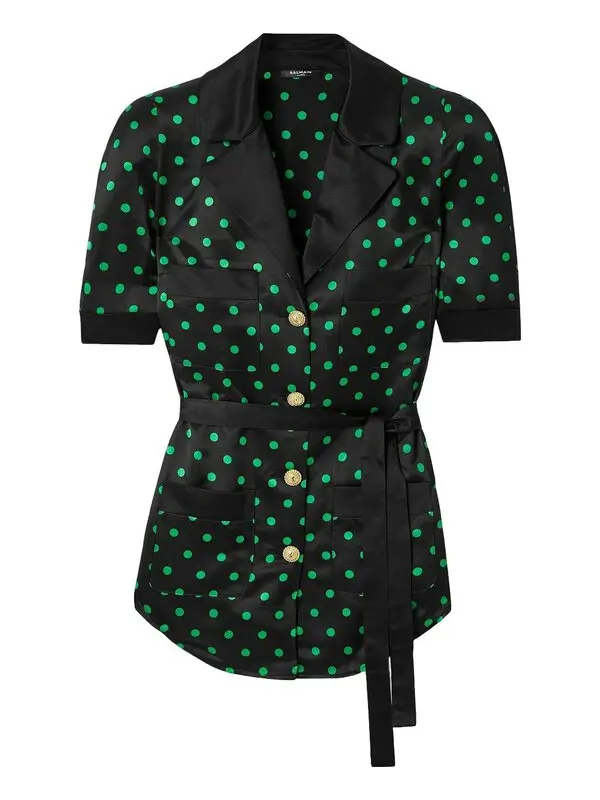 Balmain Belted Polka-dot Satin Shirt - Black