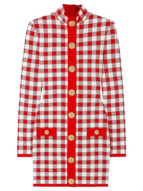 Balmain Button-embellished Gingham Jacquard-knit Mini Dress - Red