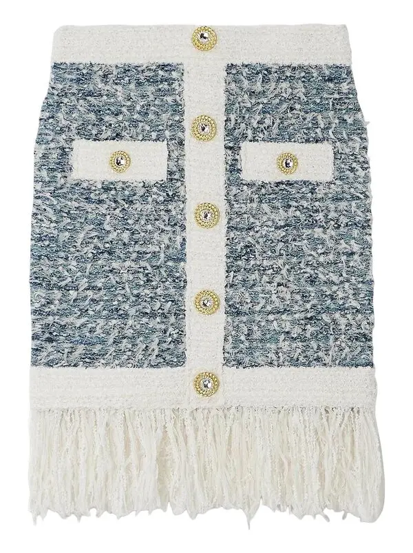 Balmain Frayed Tweed Mini Skirt With Button Embellishments - Blue