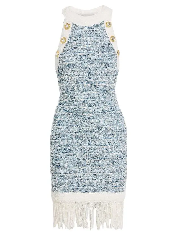 Balmain Tweed Dress With Fringed Hem - Light Blue