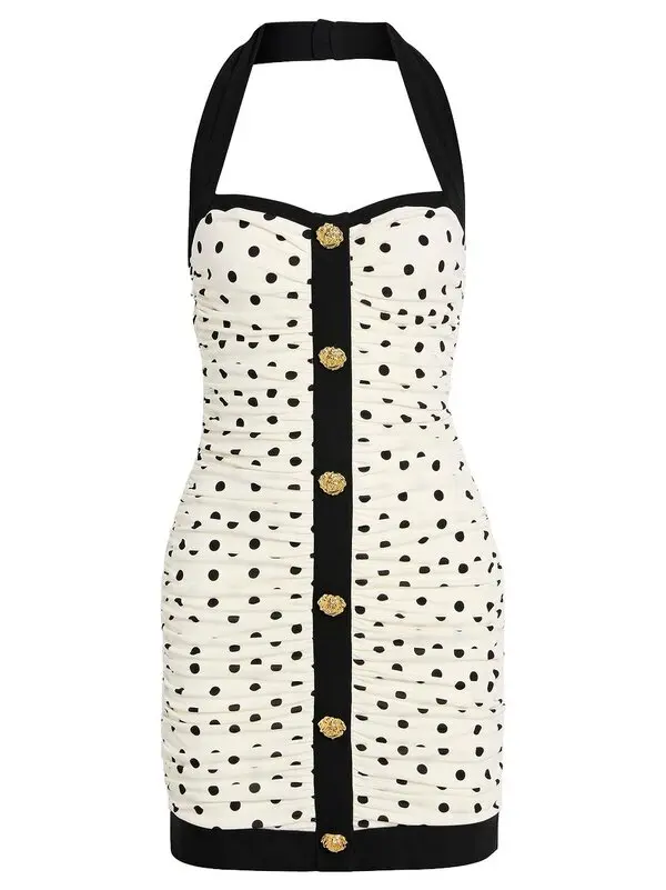 Balmain Ruched Polkadot Jersey Halterneck Mini Dress - White