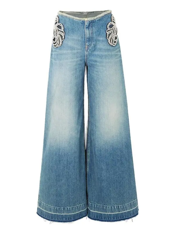 Stella McCartney Cutout Crystal-embellished Wide-leg Jeans - Mid Denim