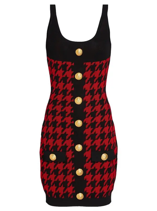 Balmain Houndstooth Jacquard-knit Mini Dress - Red