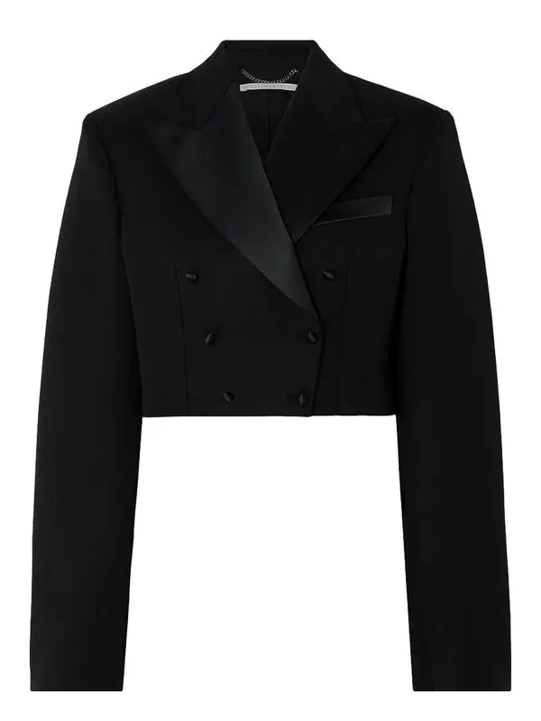 Stella McCartney Double-breasted Cropped Wool Blazer With Satin Trims - Black