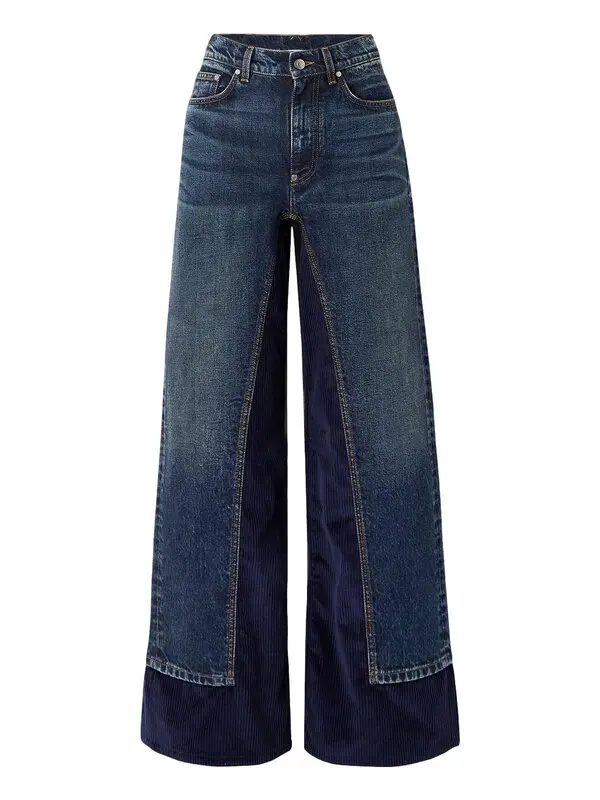 Stella McCartney Corduroy-trimmed High-rise Wide-leg Jeans - Mid Denim