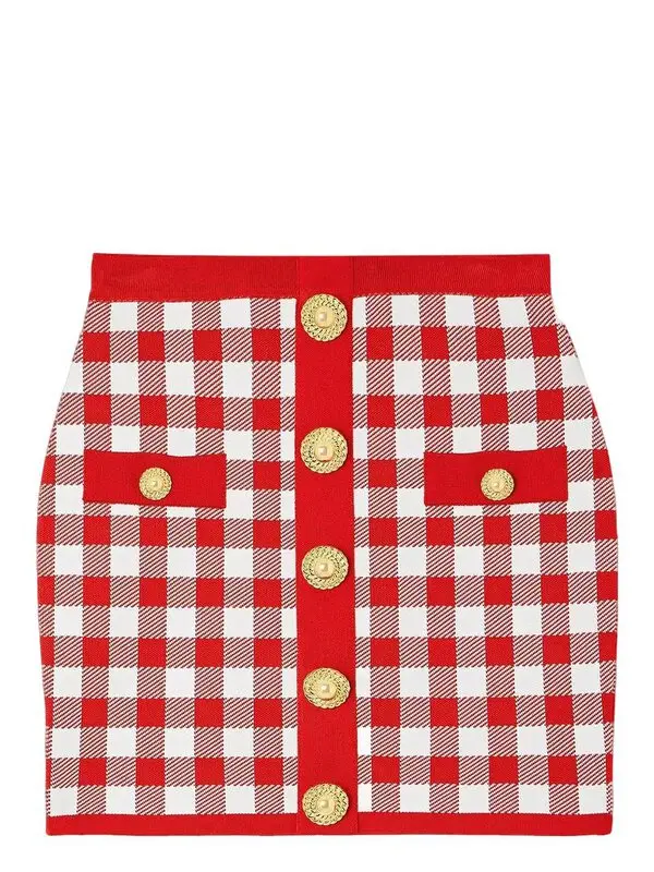 Balmain Gingham Jacquard-knit Mini Skirt With Button Embellishments - Red