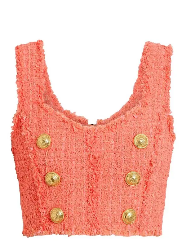 Balmain Cropped Button-embellished Tweed Top - Coral