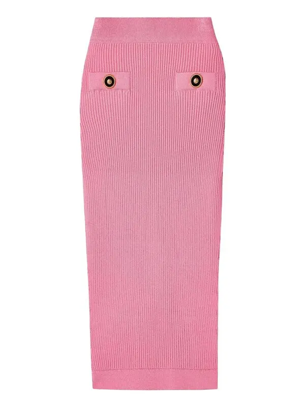 Balmain Button-embellished Ribbed-knit Midi Skirt - Pink