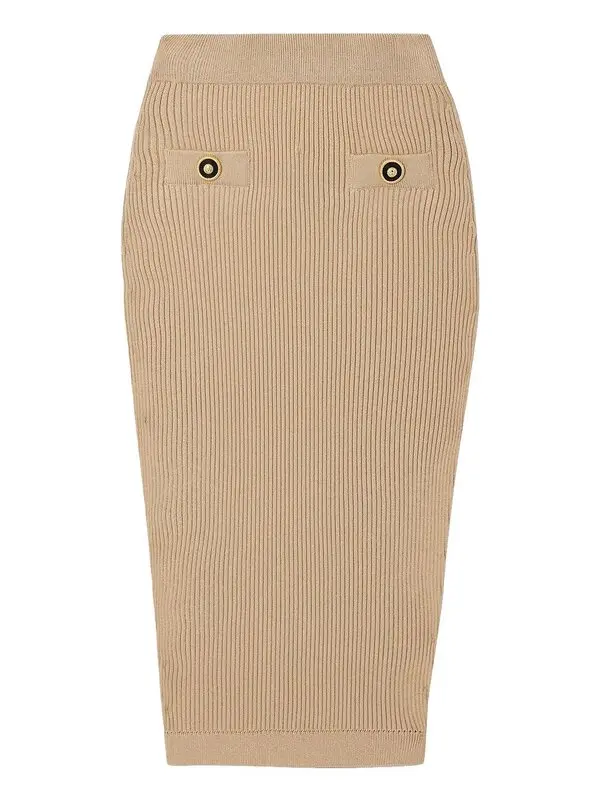 Balmain Button-embellished Ribbed-knit Midi Skirt - Sand