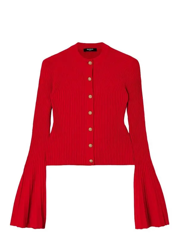 Balmain Pleated Ribbed-knit Cardigan - Red