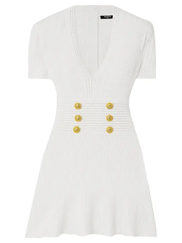Balmain Button-embellished Knitted Mini Dress - White