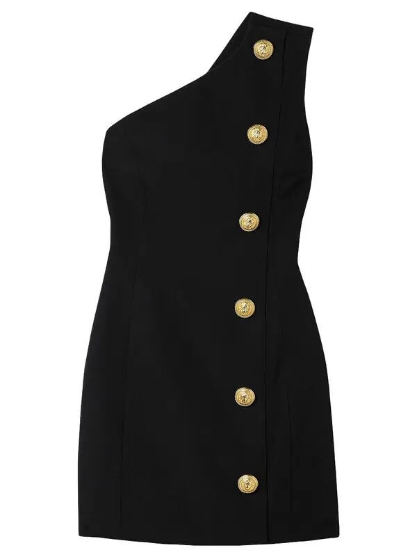 Balmain One-shoulder Grain De Poudre Wool Mini Dress With Button Embellishments - Black