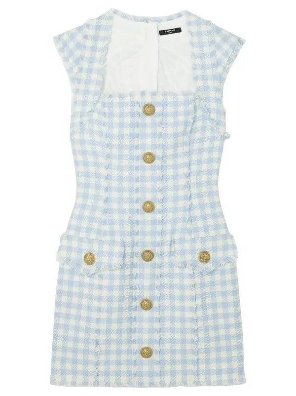 Balmain Frayed Gingham Cotton-blend Tweed Mini Dress - Light Blue