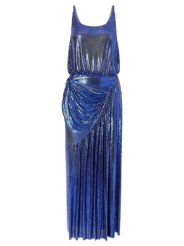 Rabanne Draped Pleated Chainmail Midi Dress - Blue