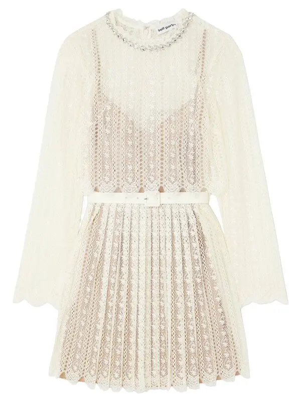 SELF-PORTRAIT Belted Crystal-embellished Pleated Lace Mini Dress - Cream