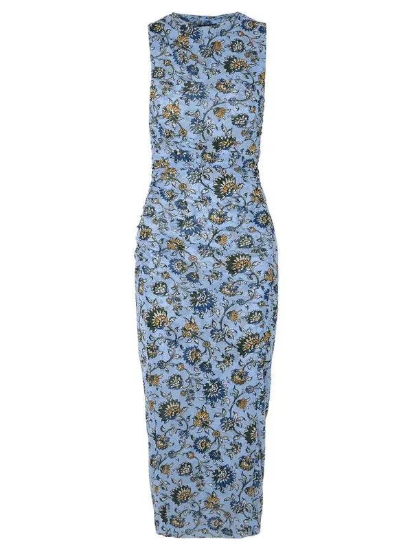 Veronica Beard Sylviani Ruched Floral-print Stretch-tulle Midi Dress - Blue