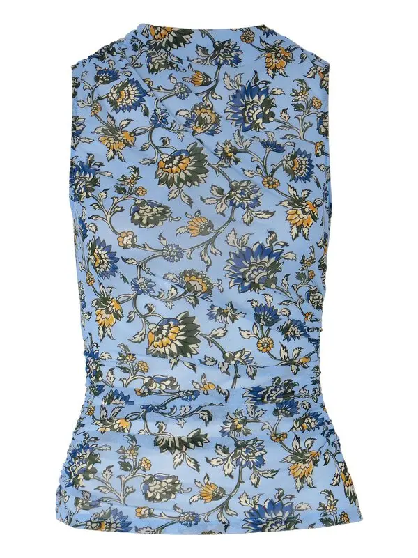 Veronica Beard Sylviani Ruched Floral-print Stretch-tulle Tank - Blue