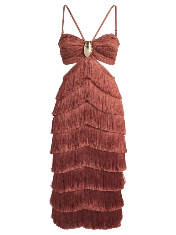 PatBO Fringed Cut-out Midi Dress - Brown