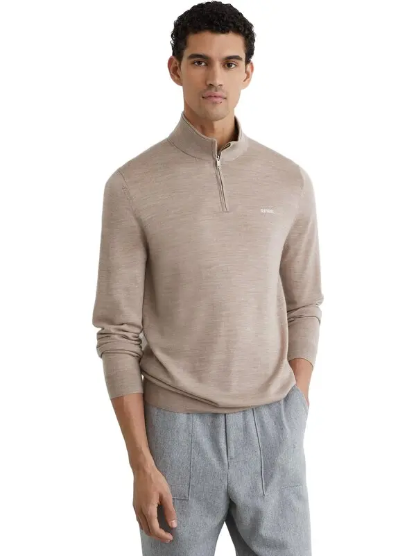 REISS Osborne Merino Wool Half-zip Jumper - Wheat Melange