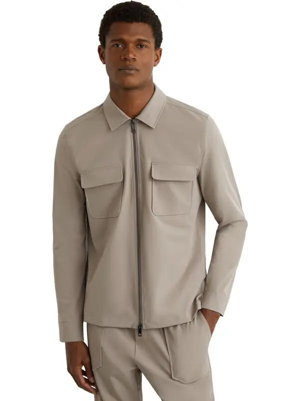 REISS Ascend Technical Zip-through Overshirt - Taupe Brown