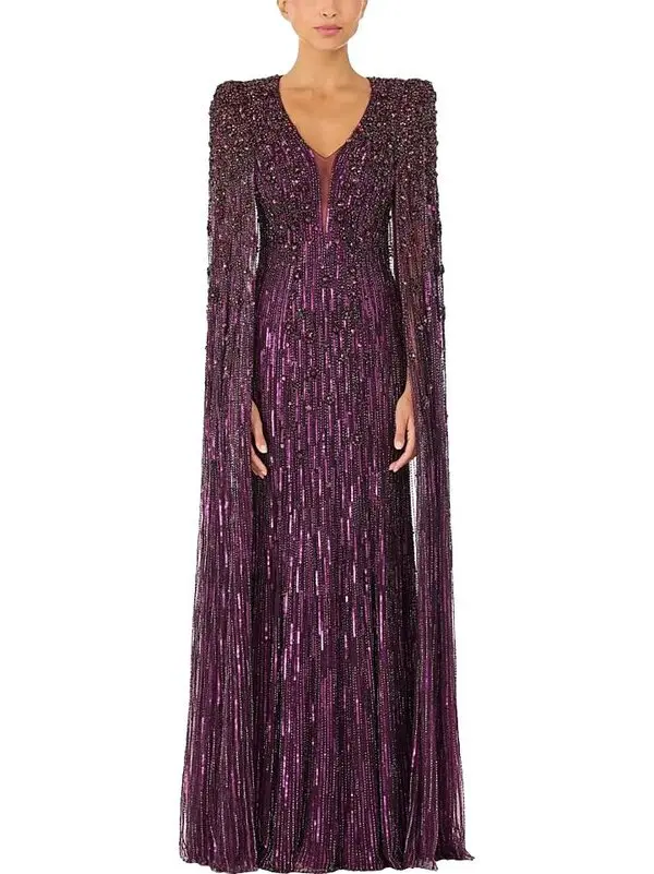 Jenny Packham Beaded Cape Maxi Gown - Purple Muscadine