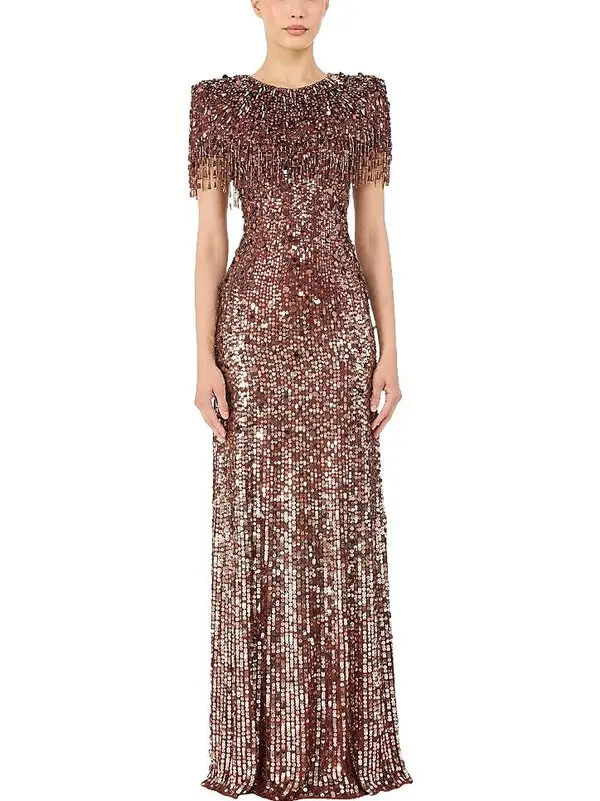 Jenny Packham Eugenie Sequin Fringed Maxi Dress - Bronze