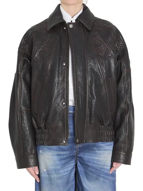 Golden Goose Leather Bomber Jacket With Floral Embroidery - Black