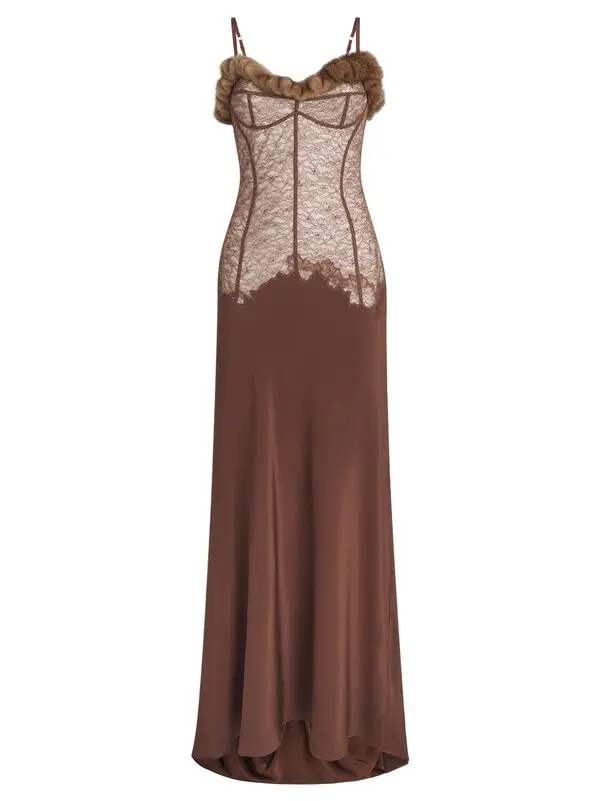 Rosamosario Mink And Silk Lace Maxi Slip Dress - Brown