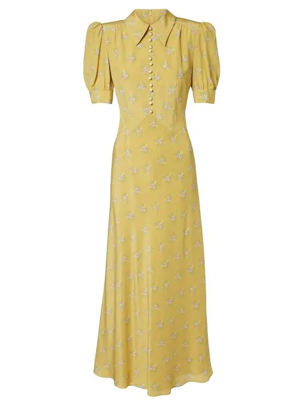 Alessandra Rich Floral Silk Midi Dress - Yellow