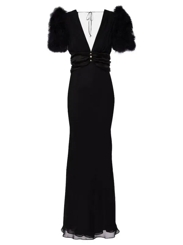 Alessandra Rich Feather-trimmed Silk Georgette Gown - Black