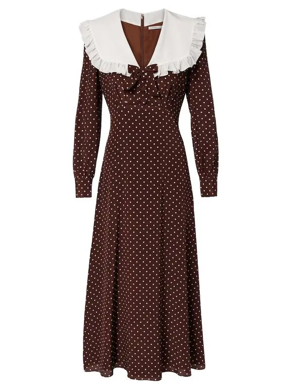 Alessandra Rich Polka-dot Ruffled Silk Midi Dress - Brown