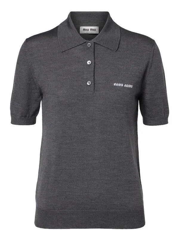 Miu Miu Logo Wool Polo Sweater - Grey