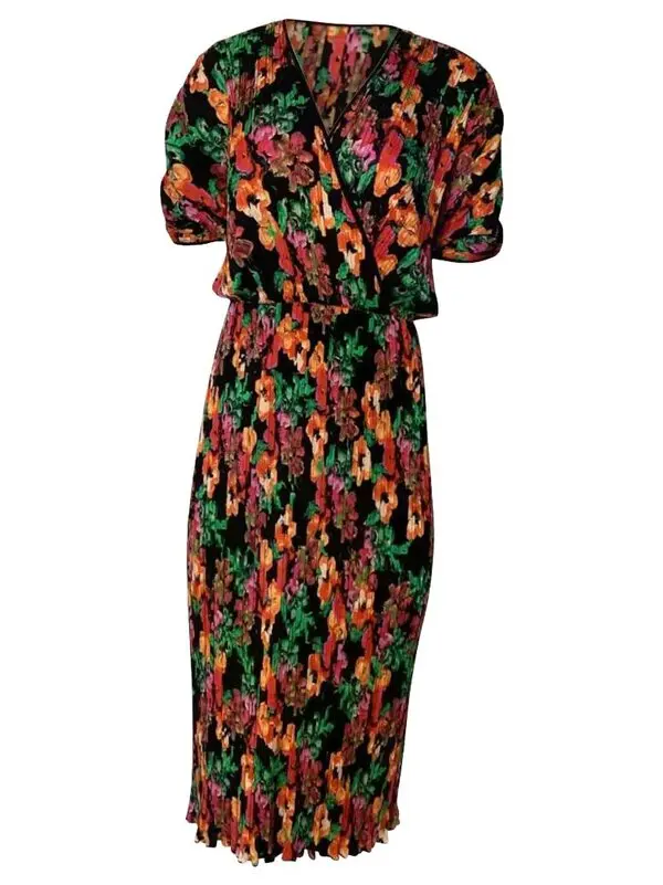 Diane Von Furstenberg Vintage Plissé Floral-print Midi Dress - Black